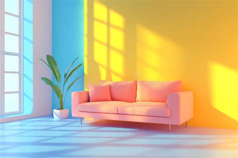 Vibrant Modern Living Room With Pink Sofa And Green Plant Stock