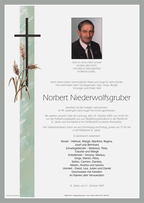 Todesanzeige Norbert Niederwolfsgruber Trauer Link