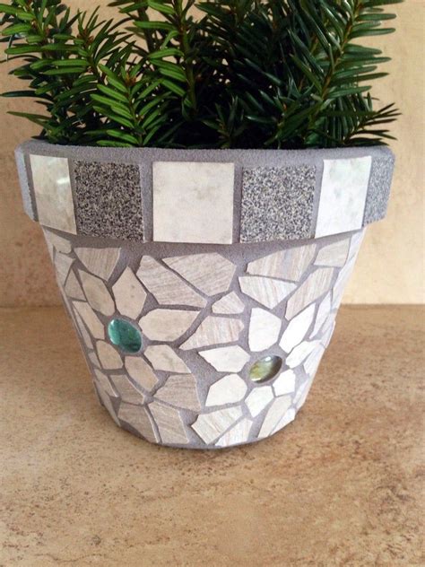 Mosaic Planter Rustic Flower Pot Outdoor Patio Pot Grey Etsy Flower