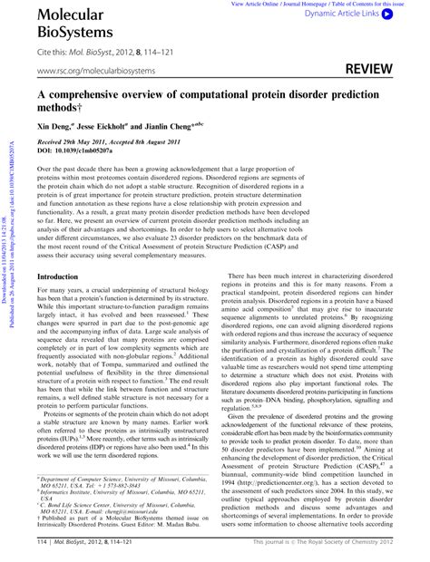 PDF A Comprehensive Overview Of Computational Protein Disorder Prediction Methods