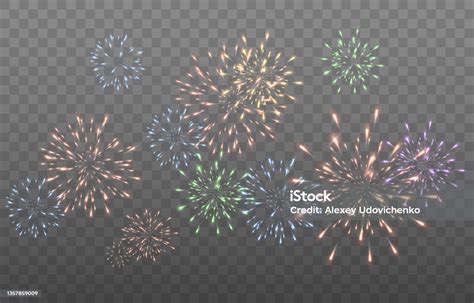 밝게 빛나는 불꽃이 있는 불꽃놀이 투명한 배경에서 고립된 밝은 불꽃놀이 축제 불꽃과 폭발 사실적인 광 효과 Yor 디자인의 요소입니다 Png 불꽃놀이 오락 행사에 대한 스톡