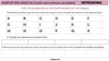 Simplifying Radicals Square Roots With Without Variables Practice Homework
