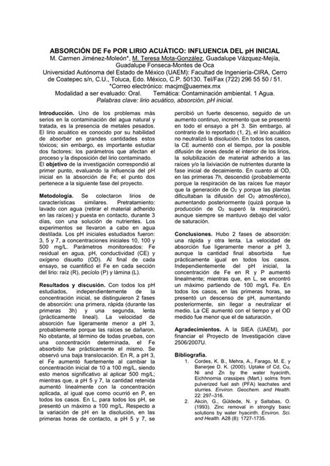 ABSORCIÓN DE Fe POR LIRIO ACUÁTICO INFLUENCIA DEL pH