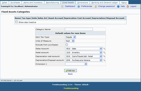 FrontAccounting Wiki Help Fixed Asset Category