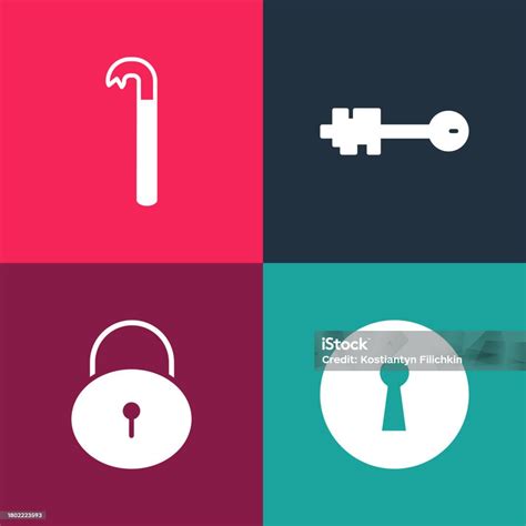 Set Pop Art Keyhole Lock Old Key And Crowbar Icon Vector Stock