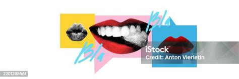 추상 미술 콜라주 대화 믹스 형형색색의 말풍선 안에 담긴 다양한 입술은 다양한 목소리와 정보 교환에서의 상호작용을 보여준다 0명에 대한 스톡 사진 및 기타 이미지 Istock