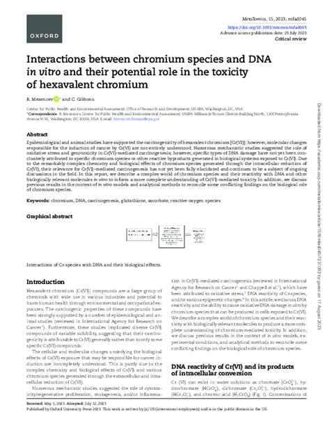 Pdf Interactions Between Chromium Species And Dna In Vitro And Their Potential Role In The