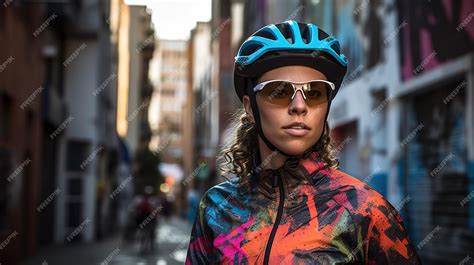 Premium Ai Image A Woman Wearing A Bike Helmet Stands In An Alley