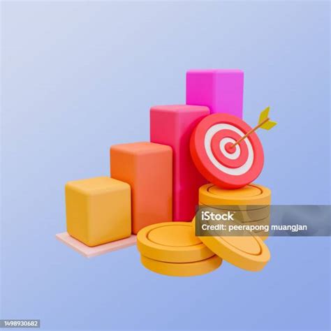 3d 최소 목표 달성 개념입니다 임무 완료 목표 달성 데이터 분석 개념입니다 동전과 다트판 더미가 있는 막대 그래프 3d