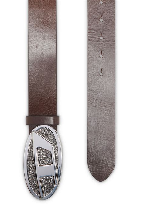 Womens 4cm Leather Belt With Rhinestone Oval D Buckle Brown Diesel