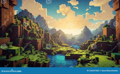 Nature Pixel Landscape Video Game User Interface In Minecraft Style 8 Bit Background Stock