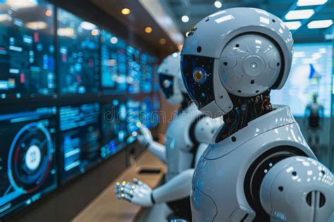 Ai Robots With Screens Displaying Real Time Data Analysis And Learning
