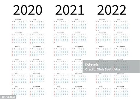 2020 2021 및 2022 년에 대 한 모의 간단한 달력 레이아웃 일요일부터 시작 하는 주 0명에 대한 스톡 벡터 아트 및