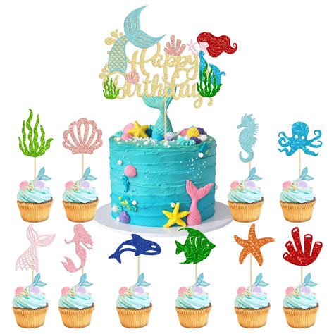 Amazon.com: Gyufise 31Pcs Mermaid Cupcake Toppers Happy Birthday Mermaid Cake Topper Glitter ...