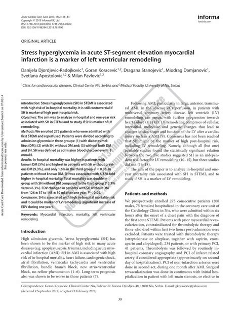 Pdf Stress Hyperglycemia In Acute St Segment Elevation Myocardial Infarction Is A Marker Of
