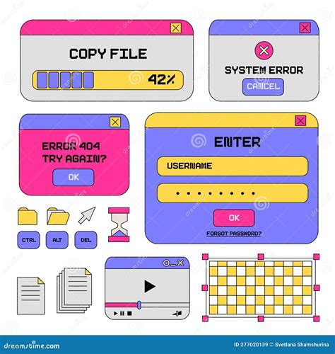 Retro User Interface Elements Set Tabs Buttons Windows Folders Vintage Computer Vaporwave
