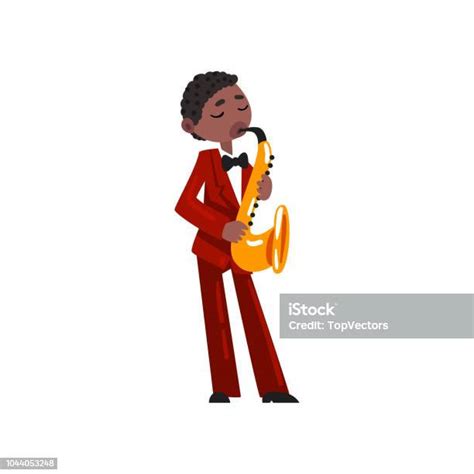 재생 색소폰 벡터 일러스트는 흰색 바탕에 빨간색 우아한 정장에서 남성 아프리카계 미국인 음악가 Classical Concert에 대한 스톡 벡터 아트 및 기타 이미지
