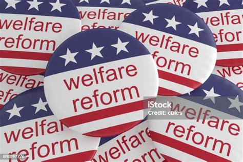 복지 개혁 단추와 미국 국기 3 차원 일러스트 레이 션의 미국 정치 뉴스 배지 더미 3차원 형태에 대한 스톡 사진 및 기타 이미지 3차원 형태 감소 개념 Istock