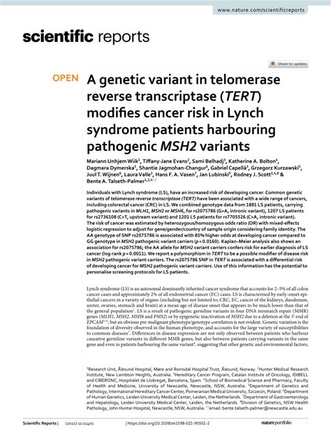 Pdf A Genetic Variant In Telomerase Reverse Transcriptase Tert Modifies Cancer Risk In Lynch