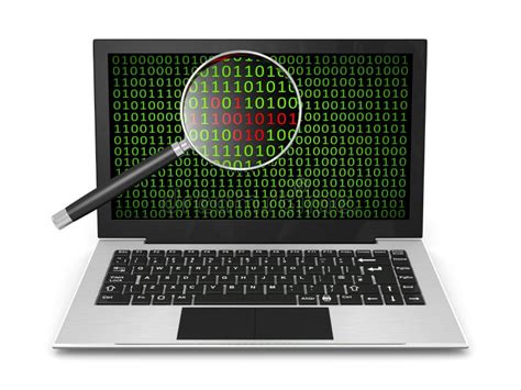 3d Illustration Computer With Magnifying Glass Looking For System Bugs Stock Illustration