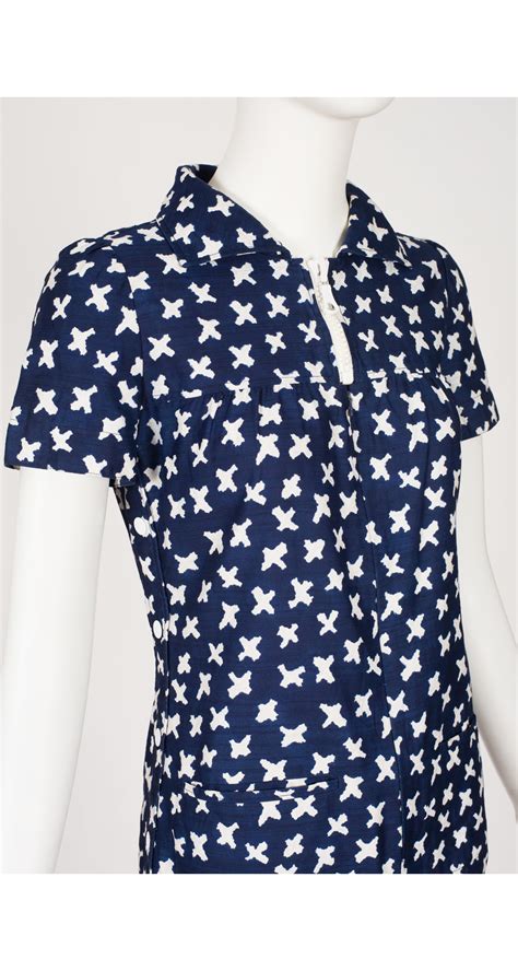 Courrèges 1970s X Print Navy Cotton Short Sleeve Pant Suit