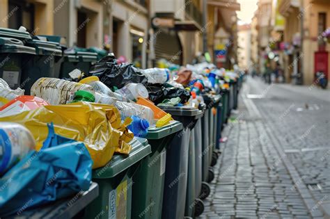 Premium Photo Overflowing Garbage Bins Line An Urban Street