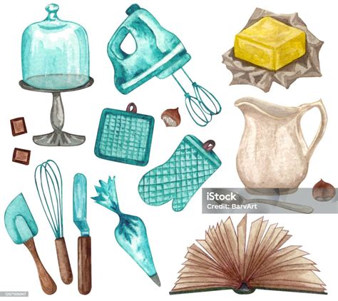 부엌 기구 주전자 버터 거품기 믹서 냄비 홀더 조리법 책 흰색 배경에 케이크 스탠드세트 베이킹 수채화 세트 손으로 그린 요리