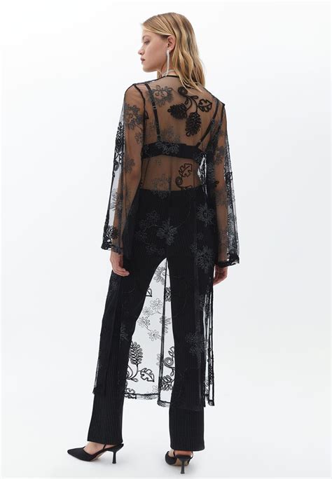 Black Embroidered Tulle Kimono Online Shopping OXXOSHOP