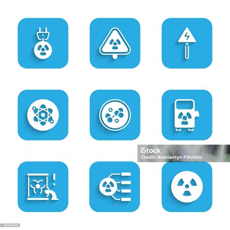분자 방사성 전기 자동차 충전소 폐기물 배럴 원자 고전압 기호 및 방사선 전기 플러그 아이콘을 설정합니다 벡터 건축물에 대한