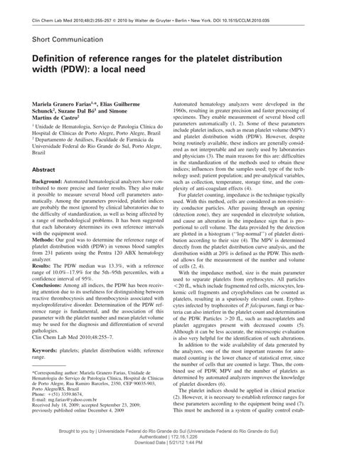 Pdf Definition Of Reference Ranges For The Platelet Distribution
