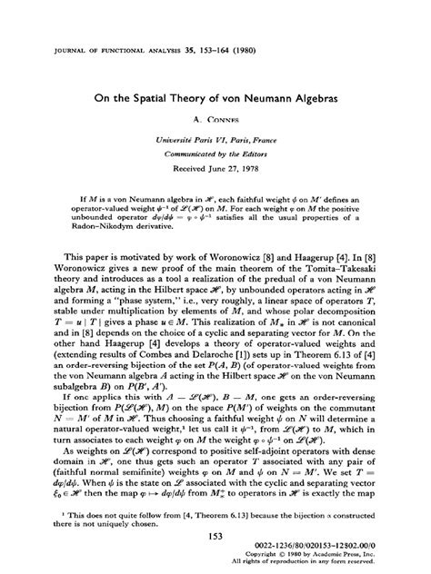 1978 On The Spatial Theory Of Von Neumann Algebras Connes Pdf