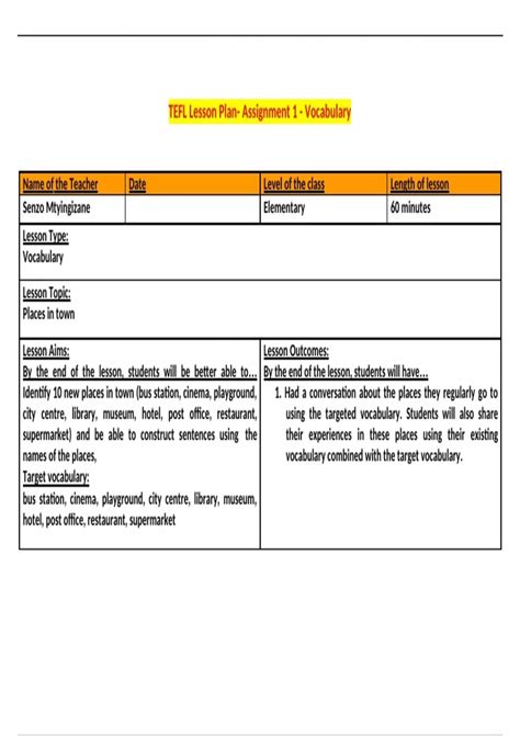 Tefl Lesson Plan Assignment 1 Vocabulary Tefl Certification Stuvia Us