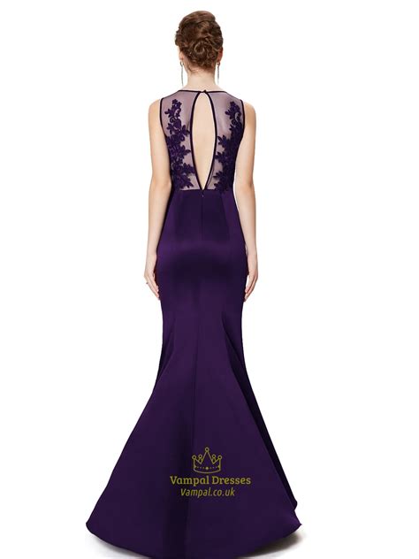 Purple Mermaid Illusion Neckline Prom Dresses With Floral Applique