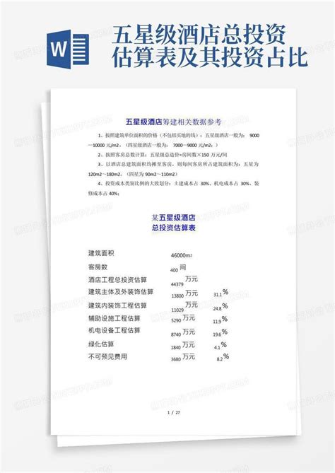 五星级酒店总投资估算表及其投资占比Word模板下载 编号qzpbnjok 熊猫办公