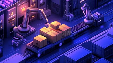 Automated Factory Isometric View Of Robotic Packaging Process Stock