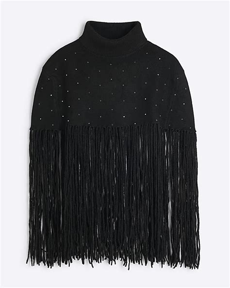 Black Knitted Embellished Tassel Cape River Island