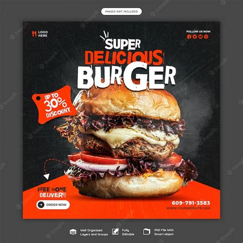 맛있는 햄버거와 음식 메뉴 소셜 미디어 배너 템플릿 무료 Psd 파일