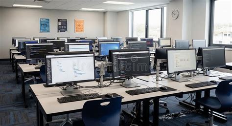 Modern Computer Lab Classroom With Rows Of Desktop Computers And