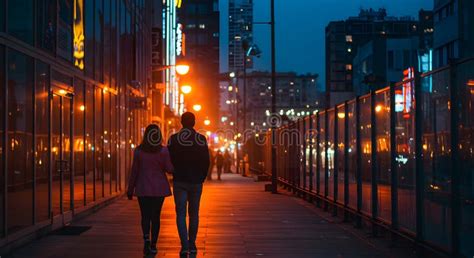 Romantic Couple Walking City Night Street Lights Stock Illustration
