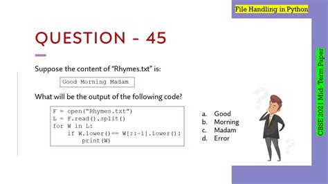 question 45 class 12th cbse 2021 computer science mid term paper