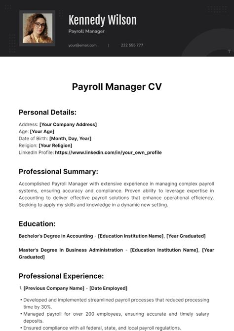 Free Payroll Manager Cv Template To Edit Online