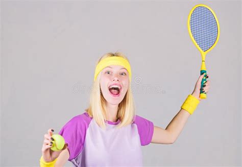 Active Leisure And Hobby Girl Fit Slim Blonde Play Tennis Sport For