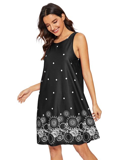 Romwe Womens Summer Sundress Floral Printed Sleeveless Casual A Line