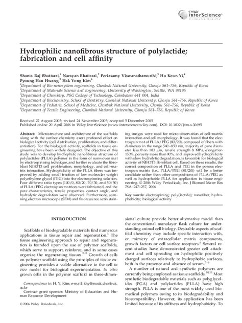 Pdf Hydrophilic Nanofibrous Structure Of Polylactide Fabrication And