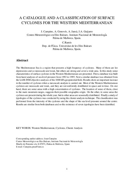 Pdf A Catalogue And A Classification Of Surface Cyclones For The Western Mediterranean