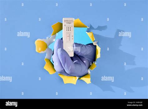 Fast Covid Test In Hand In Glove Through Paper Hole Hand Holding Quick