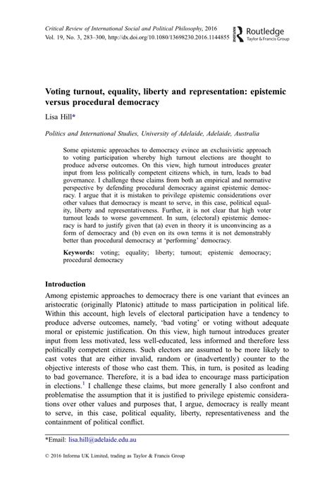 Pdf Voting Turnout Equality Liberty And Representation Epistemic