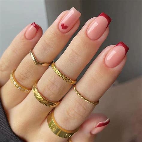 Valentine Press On Nails With Red French Nail Tips Design Heart Fake
