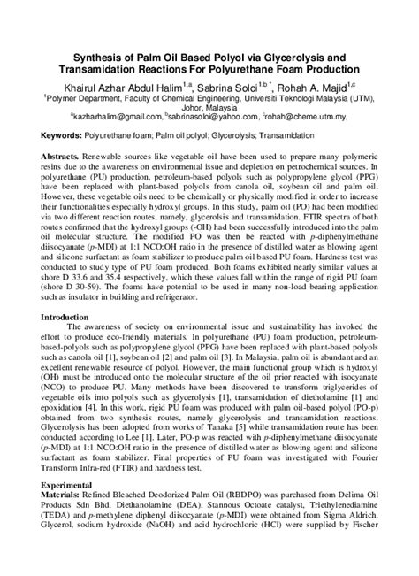 Pdf Synthesis Of Palm Oil Based Polyol Via Glycerolysis And