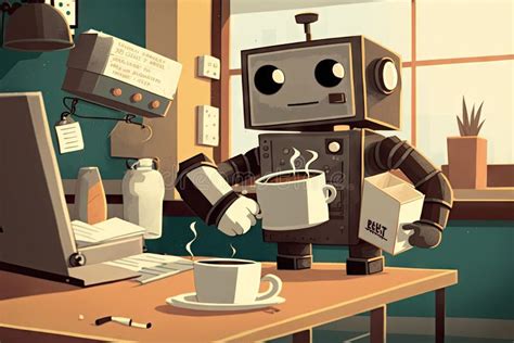 Office With Cute Robot Assistant Sorting And Filing Paperwork Stock